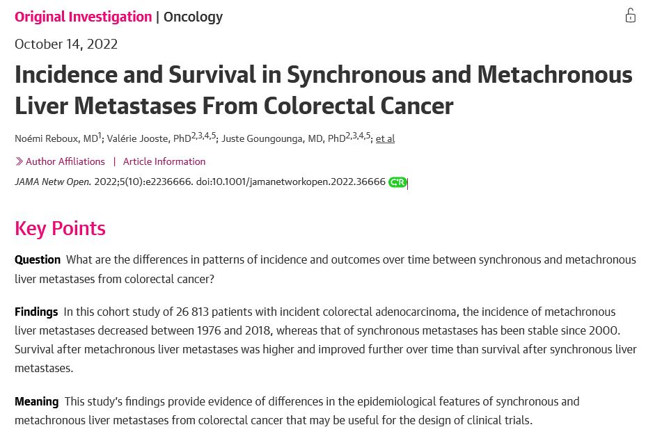 Incidence and Survival in Synchronous and Metachronous Liver Metastases ...